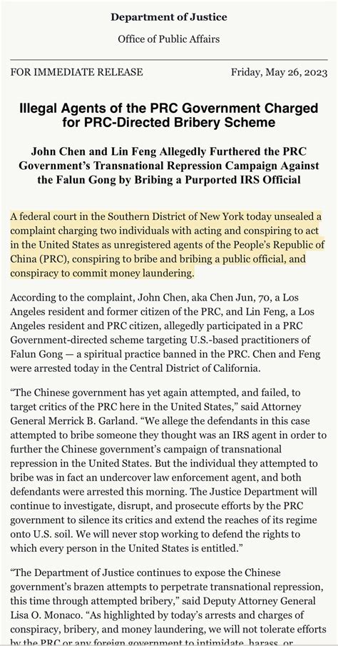 方舟子 On Twitter 美国司法部今天起诉洛杉矶两个“侨领”是中国政府特工，他们试图用5000贿赂一名国税局工作人员（其实是联邦