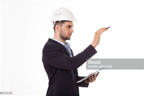 행복한 젊은 남자 사업가 건축설계사 미리 흰색 바탕에 Whi가 포함된 25 29세에 대한 스톡 사진 및 기타 이미지 25 29세 건설 산업 건설업자 Istock