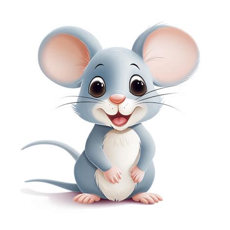 Ratón de dibujos animados sentado en el suelo con una gran sonrisa