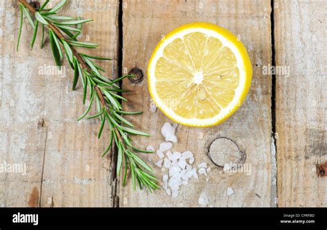 Mediterranean Spices Rosemary Lemon Sea Salt On Wooden Background
