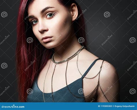 Girl With Color Hair And Chain Necklace Stock Image Image Of Dyed