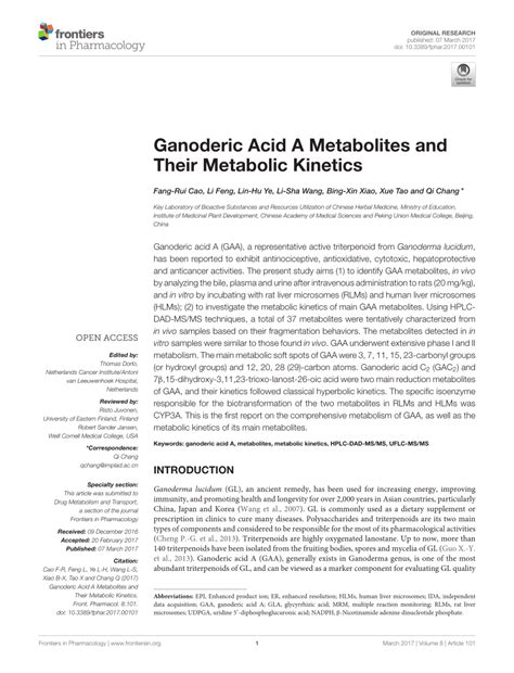 Pdf Ganoderic Acid A Metabolites And Their Metabolic Kinetics