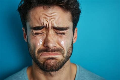 Sad Man Crying With Tears In Eye On Blue Background Teardrop On Face