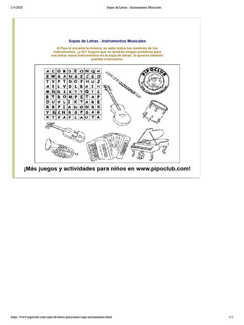 Sopas De Letras Instrumentos Musicales Pdf Artes Del Lenguaje Y