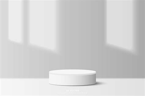 추상적인 흰색 회색 3d 실린더 연단 받침대 무대는 벽에 창 그림자가 있는 제품 전시를 위해 현실적입니다 창문을 통해 태양이 빛나는 장면 디자인 3d 벡터 렌더링 기하학적