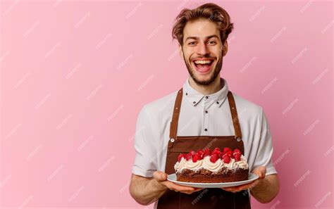 Premium Photo Man Holding Birthday Cake On Solid Color Background