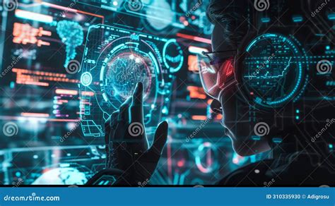 A Cyborg Android Or Augmented Human Operating A Hologram Interface