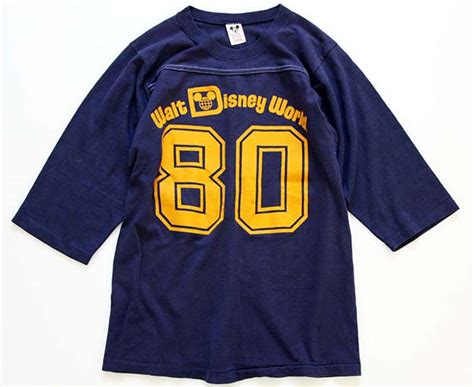 80s Usa製 Disneyディズニー 80 ナンバリング フロッキープリント フットボールtシャツ 紺 M★ミッキー マウス