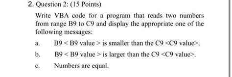 solved 2 question 2 15 points write vba code for a