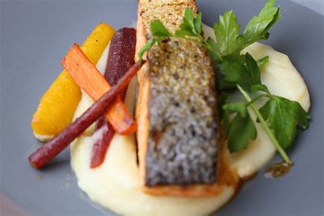 Pan Seared Salmon With Parsnip Puree And White Wine Lemon Sauce