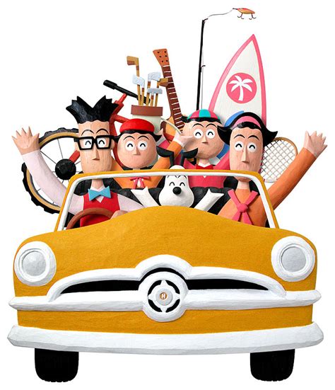 アウトドアレジャーマイカーイラスト 自転車ゴルフ楽器釣り竿ラケットサーフボードを積んだ車と家族のアウトドアレジャーマイカーイラスト