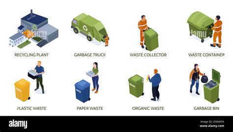 Isometric Recycling Compositions Set With Isolated Views Of Plant Building And People Separating