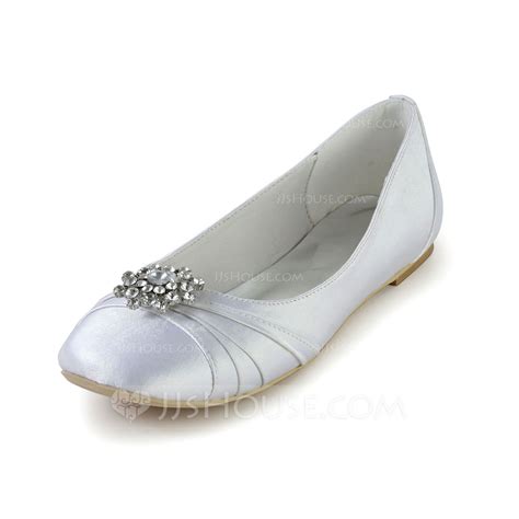 Women S Silk Like Satin Flat Heel Closed Toe Flats With Rhinestone Ruched Wedding