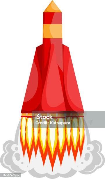 흰색 바탕에 로켓을 시작합니다 화 염과 레드 만화 스타일 시작 런처 반응 공간 로켓 공간 수송입니다 벡터 일러스트 레이 션 Launch Party에 대한 스톡 벡터 아트 및
