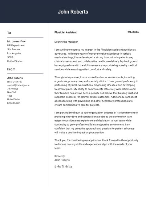 Physician Assistant Cover Letter Example For 2024 Top Cv Skills