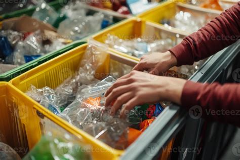 Hands Sorting Various Recyclables Into Clearly Labeled Bins In A Community Recycling Center