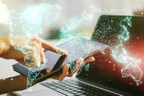 Premium Photo Abstract Creative Digital World Map And Finger Clicks On A Digital Tablet