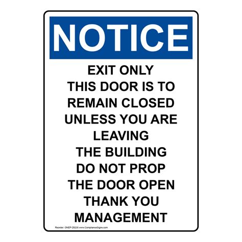 Portrait OSHA Exit Only This Door Is To Remain Sign ONEP 29235