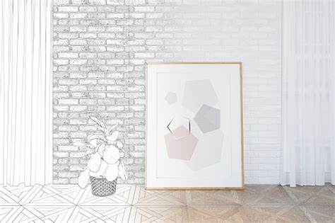 스케치는 쪽모이 세공 바닥에 고리버들 바구니에 있는 식물 옆에 수직 포스터가 있는 실제 인테리어가 됩니다 객실에는 두 개의 창문 사이에 얇은 명주 그물 커튼이 있는 벽돌