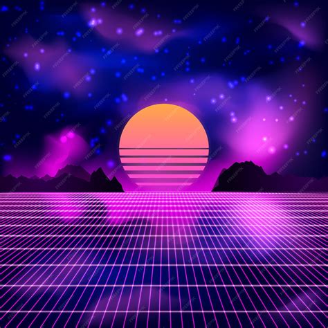 Premium Vector 80s Retro Scifi Background With Sunrise Or Sunset