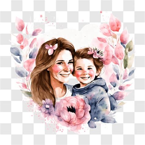 Descarga Ilustración de Acuarela de una Madre y su Hija con Flores de Acuarela PNGs En Línea