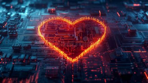 Glowing Heart Shape Being Formed By Data Flow On Circuit Board Stock