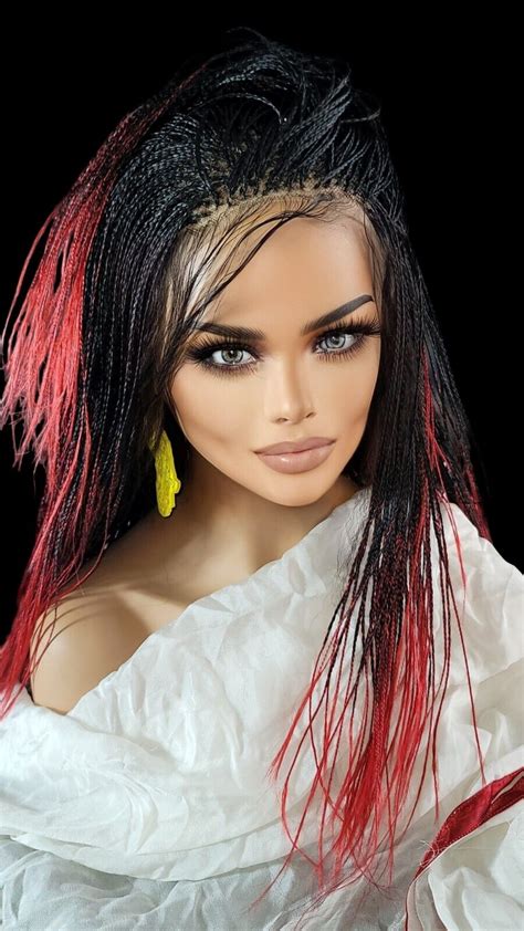 Braided Lace Wig Micro Millions Braids Long Color Redblack Ombre