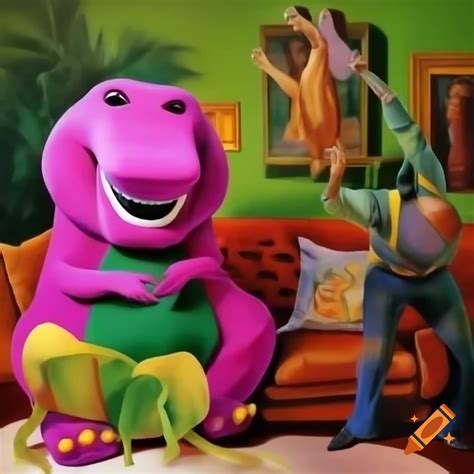 Realistic Portrait Of Barney The Dinosaur In Natural Environment