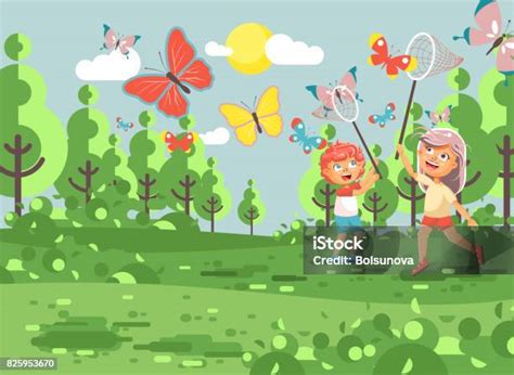 굴렁쇠 그물 화이트 플랫 스타일에 배경 벡터 일러스트 만화 캐릭터 두 아이 젊은 자연 생물학 소년 및 소녀 캐치 화려한 나비 그물 국자 그물을 가진 6 7 살에 대한 스톡