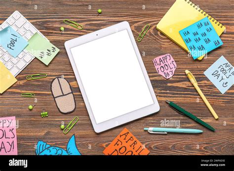 Tablet Computer Keyboard Carton Mouse And Sticky Notes April Fools