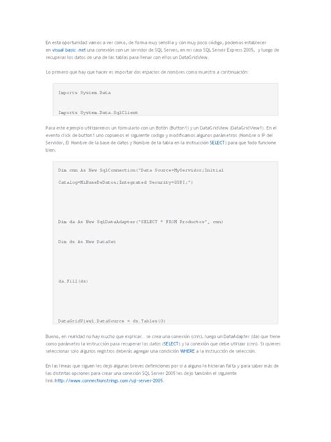 Conectar A Sql Server Con Vb Net Pdf Sql Servidor Sql De Microsoft