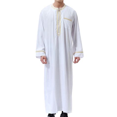 Dovford Mens Embroided V Neck Muslim Thobe Kaftan Robe Islamic Long