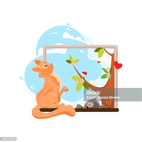 고양이 발렌타인 데이에 사랑에 고양이는 고양이가 앉아있는 창으로 올라 엽서 배너 만화 평면 벡터 일러스트 레이션 광장 0명에