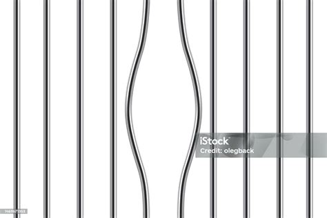 감옥 바 벡터 삽화입니다 경찰 감옥에서 범죄 탈출 용의자에게 구부러진 막대기가 있는 3d 현실적인 깨진 철 케이지 범죄 탈옥을
