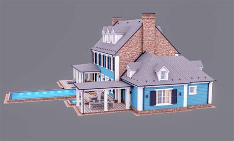 회색에 고립 된 저녁에 나무 판자 외관현대 주택의 3d 렌더링 0명에 대한 스톡 사진 및 기타 이미지 0명 개념 건물