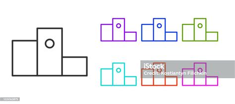 흰색 배경에 고립 된 스포츠 우승자 연단 아이콘을 통해 블랙 라인 상 다채로운 아이콘을 설정합니다 벡터 일러스트레이션 1위에
