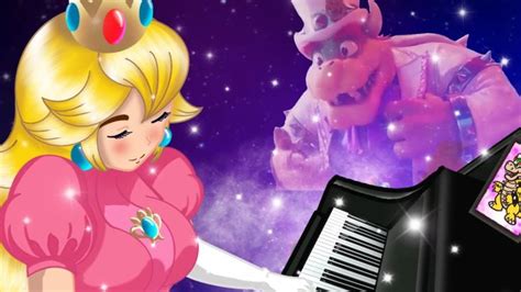 A Cartoon Character Is Playing The Piano In Front Of An Image Of Mario