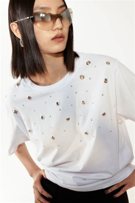 Embellished T Shirt White Ladies Handm Us