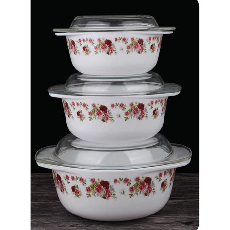 Giacomo Heat Resistant 3pcs Decorated Opal Glass Casserole Set With See