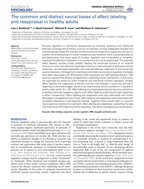 Pdf The Common And Distinct Neural Bases Of Affect Labeling And Reappraisal In Healthy Adults