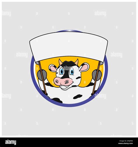 Cow Head Circle Label With Big White Blank Banner Yellow Colors