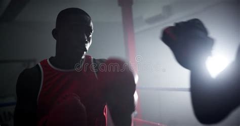 Boxer Coach And Men With Workout For Fitness In Boxing Ring With Punch