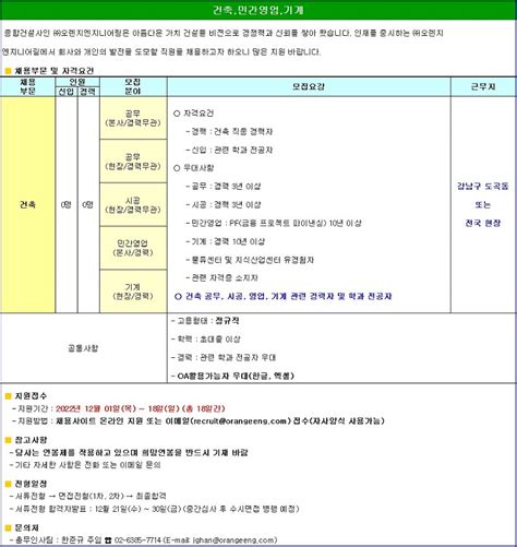 오렌지엔지니어링 채용공고 12월 신입 및 경력직원 채용 2022년 채용