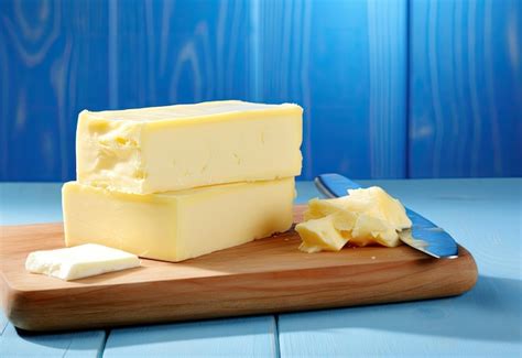 Premium Ai Image Butter Block Sliced On Blue Wooden Board