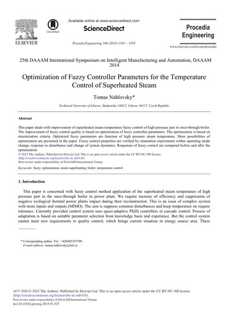 Pdf Optimization Of Fuzzy Controller Parameters For The Temperature Control Of Superheated Steam