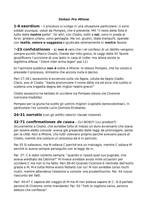 Sintesi Pro Milone Cicerone Docsity