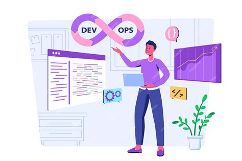 Концепция Devops с людьми для интернета человек работает менеджером и управляет процессами