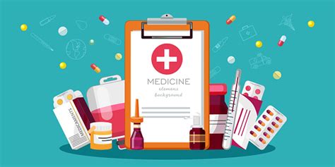 평면 스타일의 의학 및 건강 관리 개념 선형 아이콘이있는 추상적 인 색상 배경에 의료 기기 및 의약품 세트 Brand Name