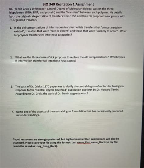 Solved Bio Recitation Assignment Dr Francis Crick S Chegg