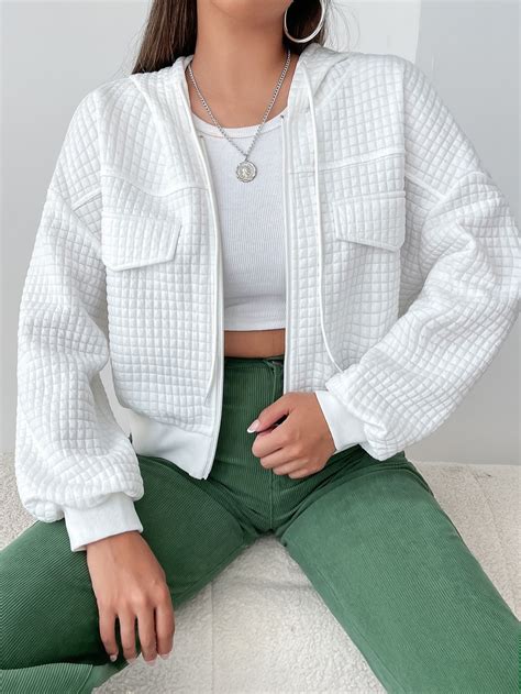Flap Pocket Drop Shoulder Drawstring Hooded Jacket Casual College